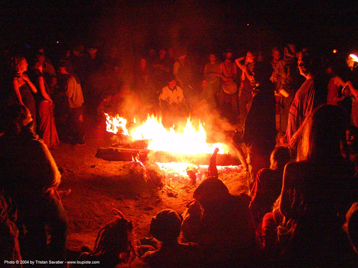 bonfire rainbow gathering, hippie
