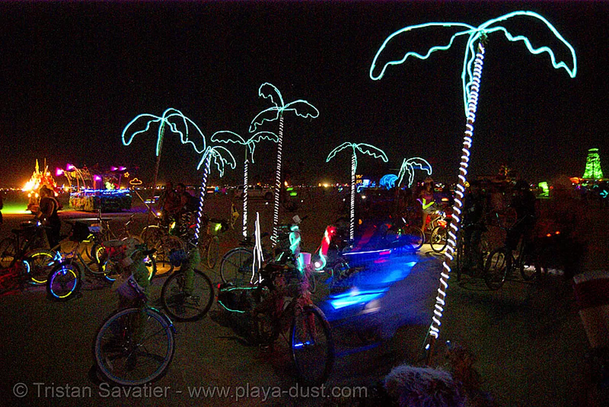 burning man, bicycles with EL-wire palm-trees