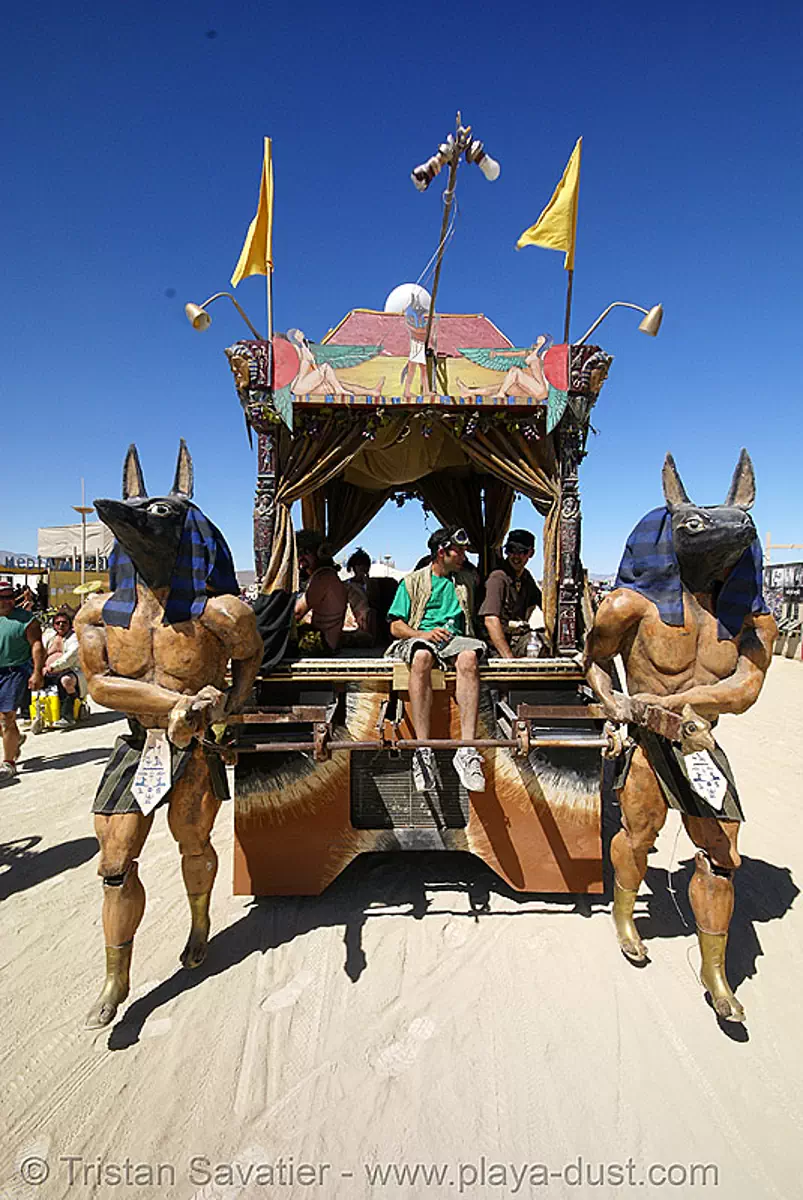 burning man, egyptian art car, anubis walks
