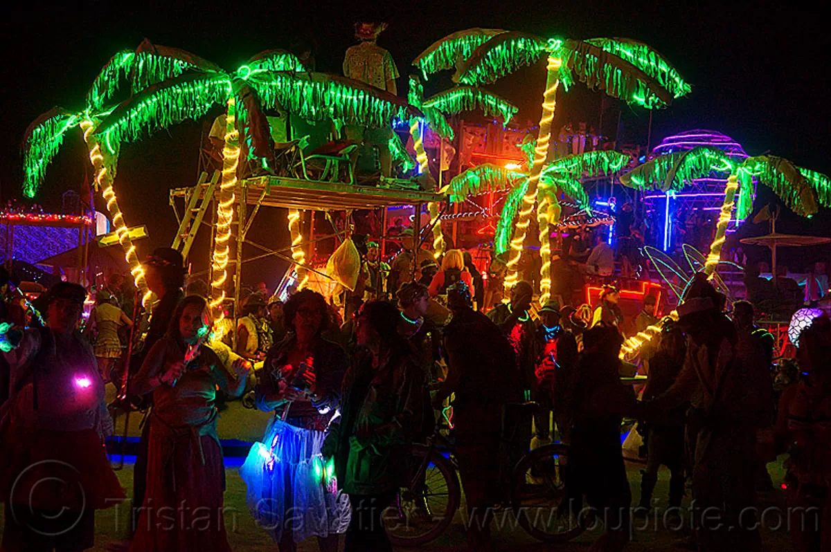burning man, palm trees art car