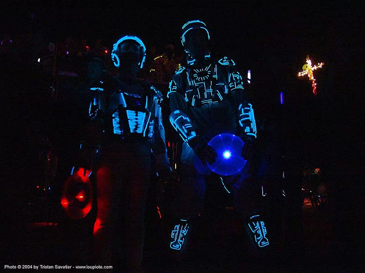 burning man, steph & gadget in their EL-wire tron costumes