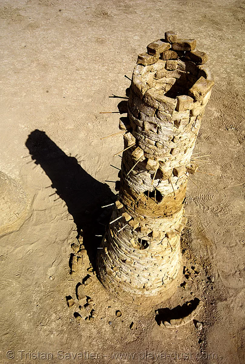 burning man, stone tower, playa ruins