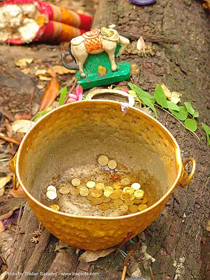 coins offering in golden pot, thailand
