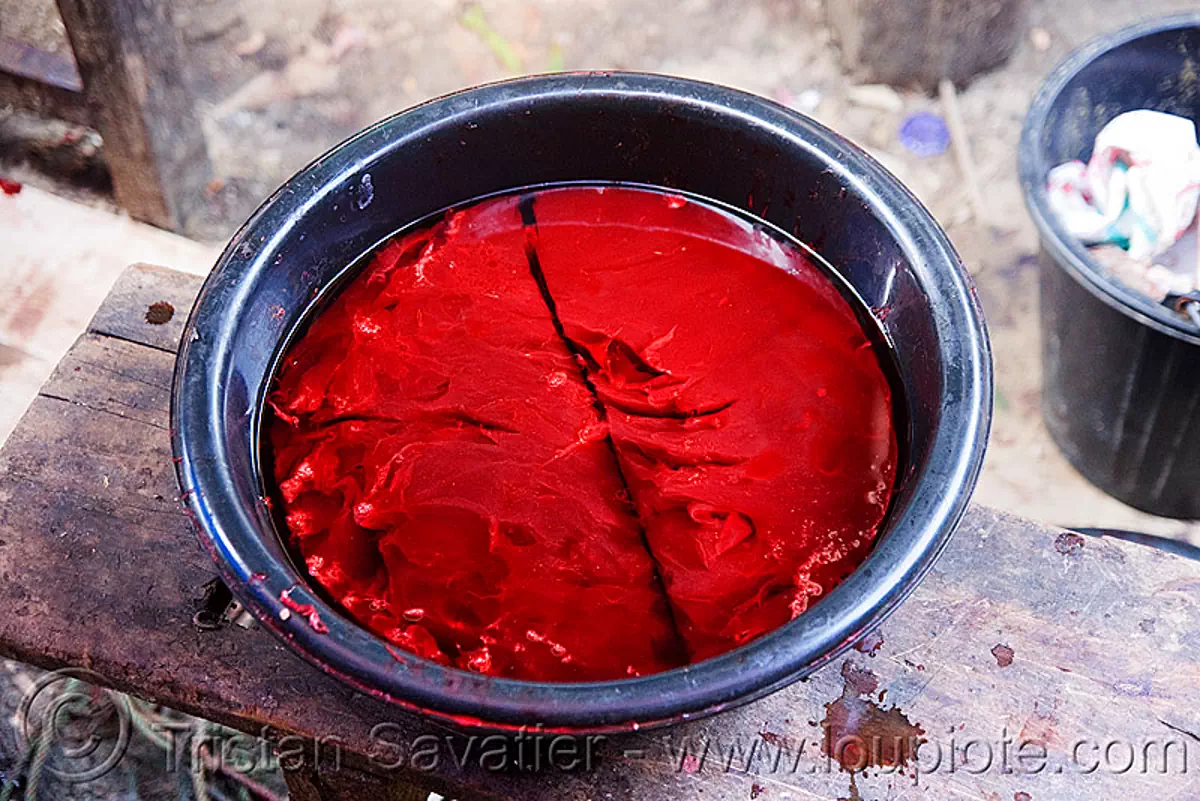 congealed cow blood in meat market, laos