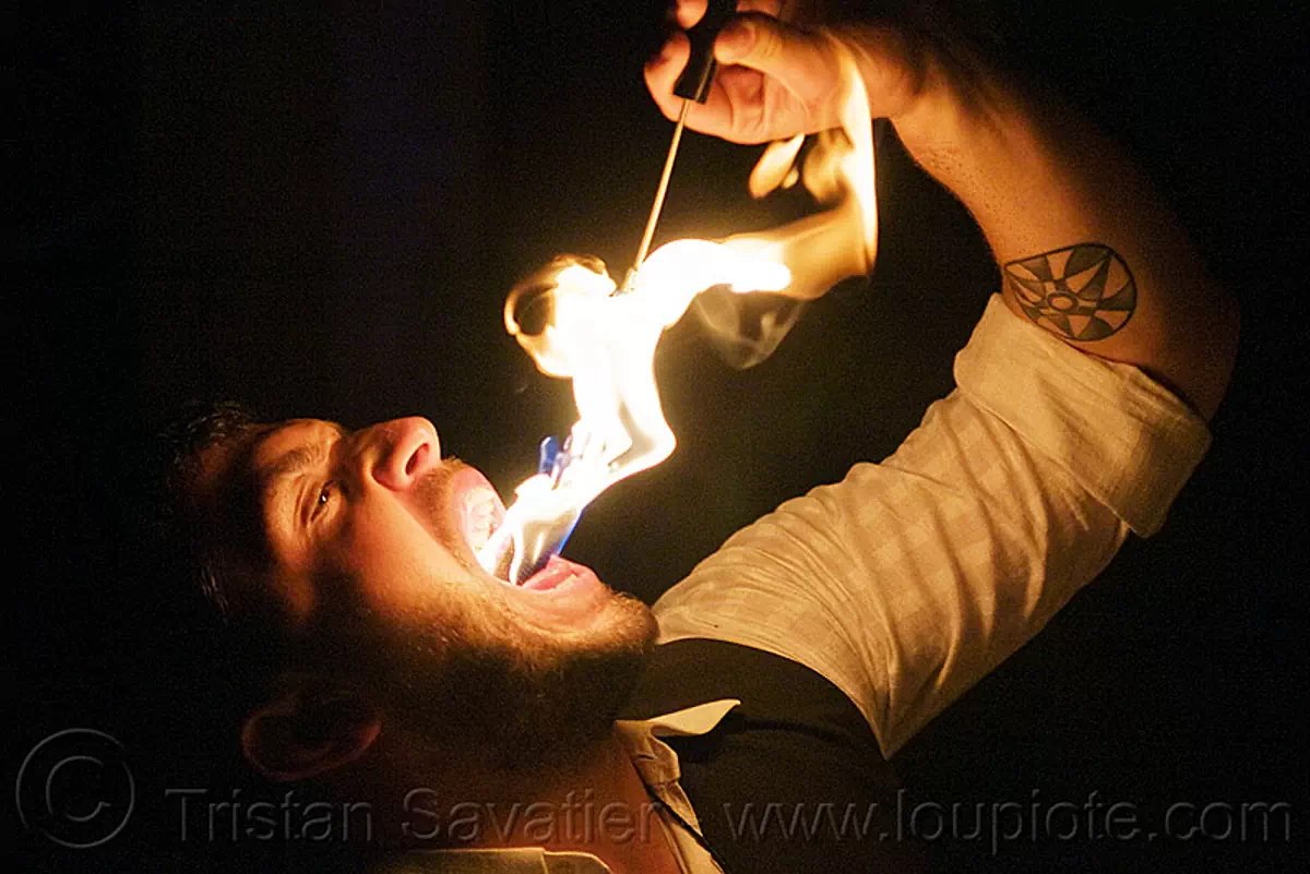 fire performer eating fire, san francisco