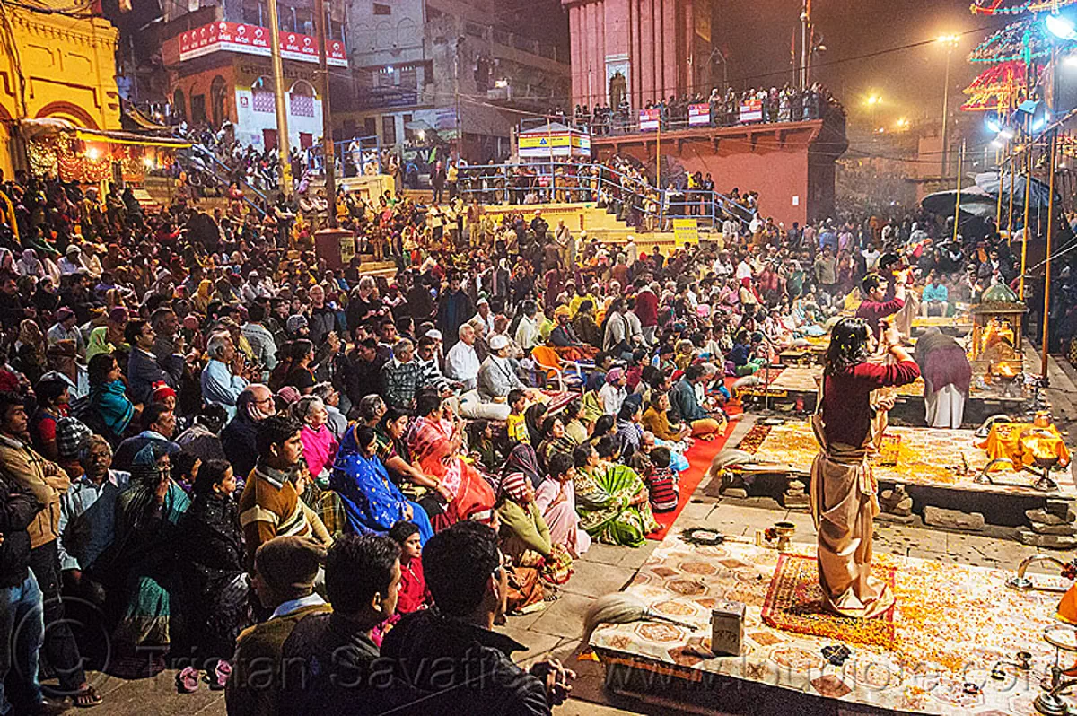 fire puja ceremony, main ghat, varanasi, india