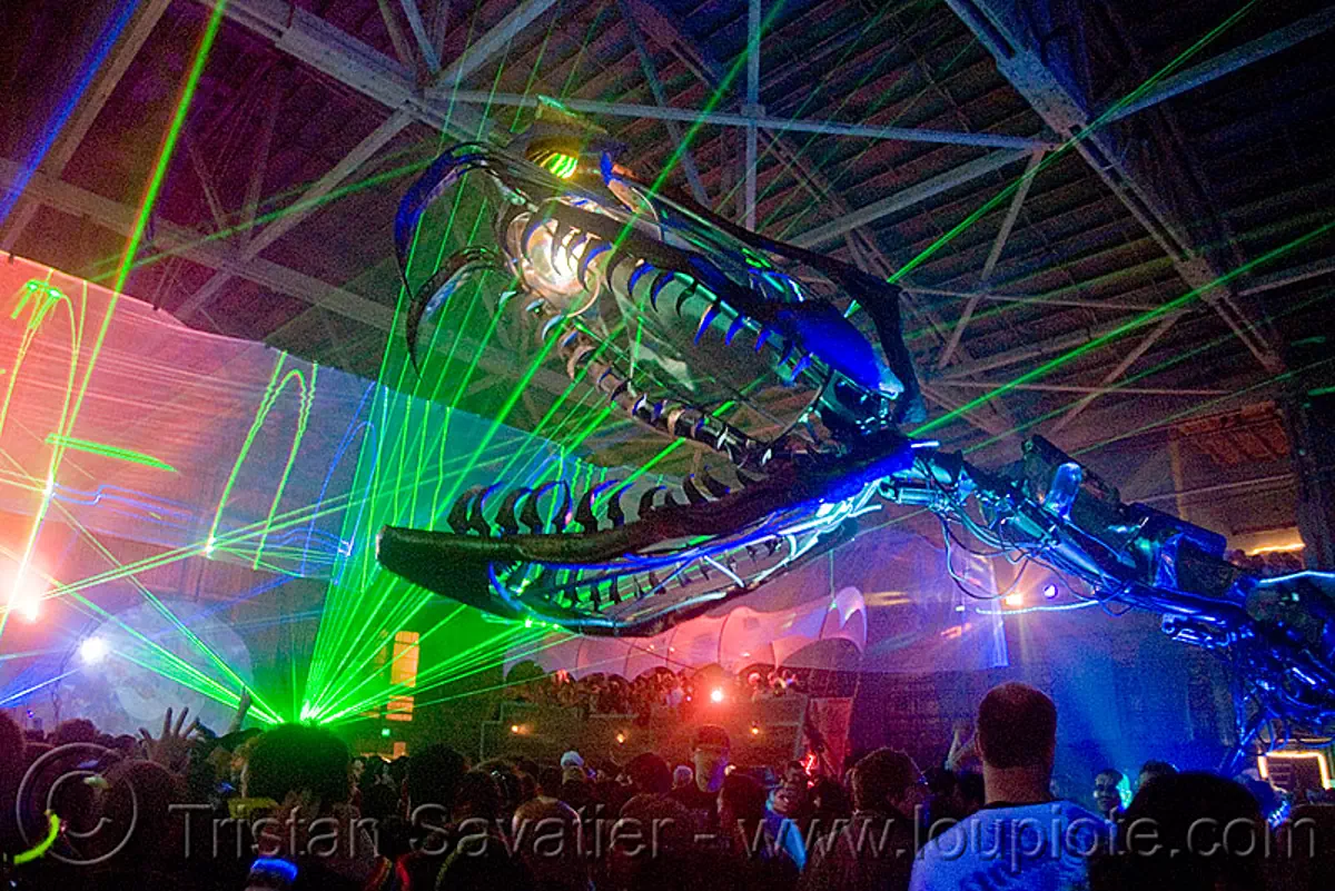 giant snake skeleton animated sculpture, opulent temple massive rave ...
