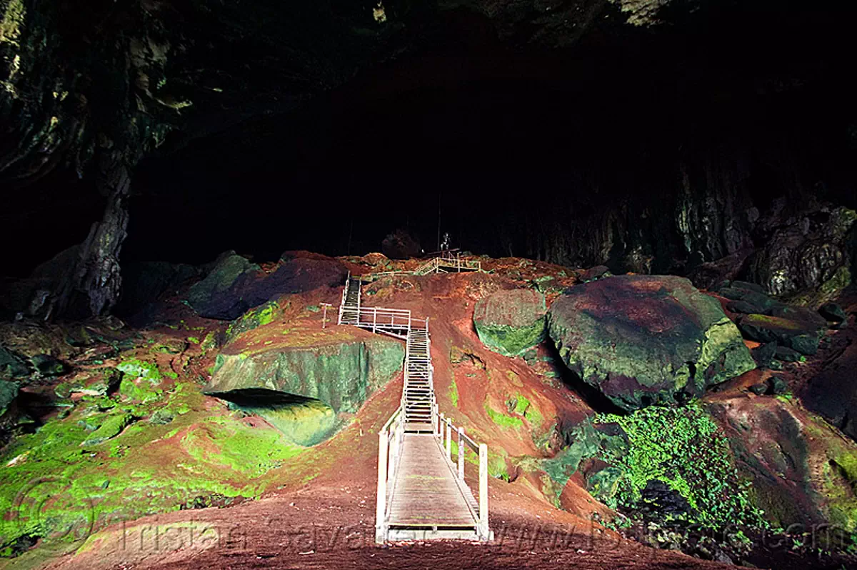 gua niah, walkway in huge natural cave, niah caves, borneo | Stock ...