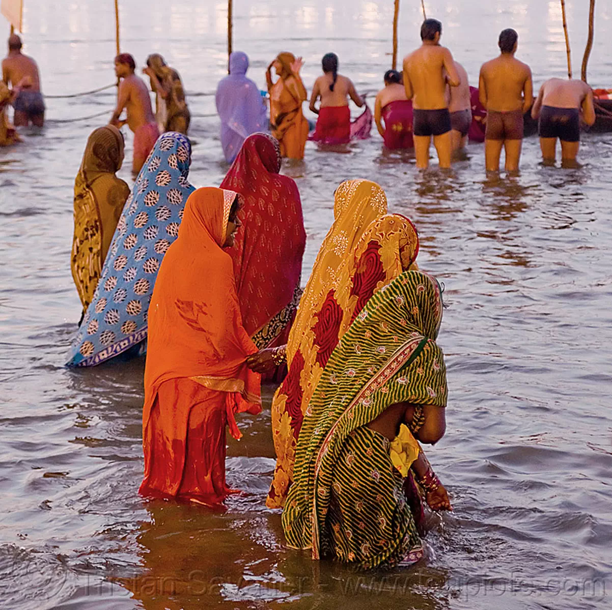 hindu women bating in the ganges river at sangam, kumbh mela 2013, india