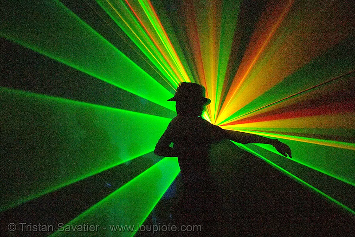laser show in underground rave party, san francisco