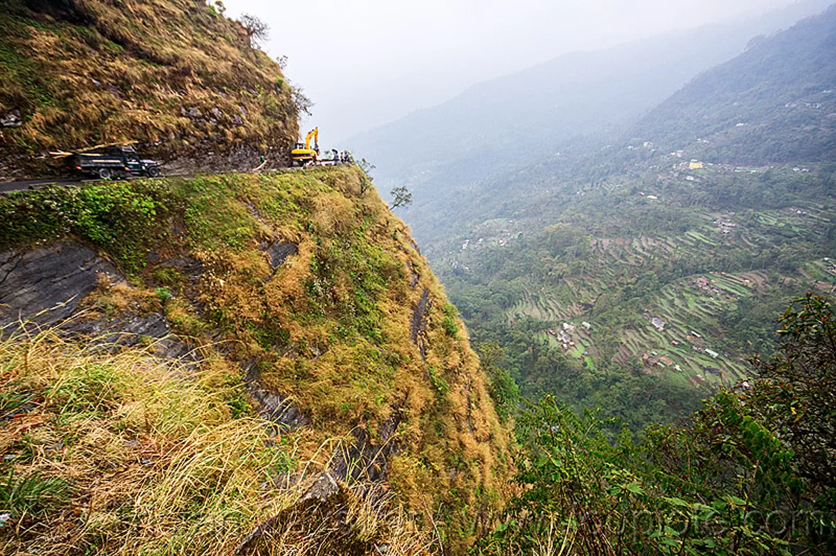 mountain road on cliff, sikkim, india - #14647117089