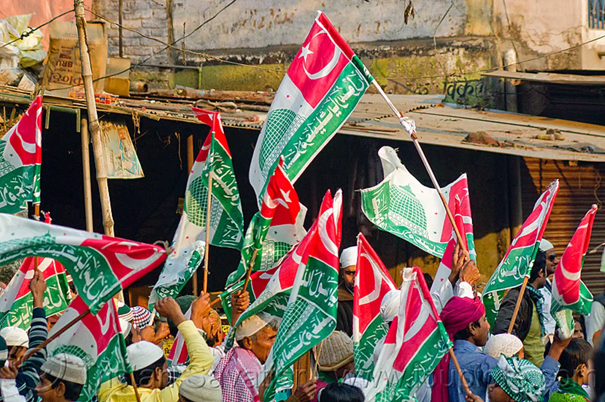 muslim men waving flags, eid-milad-un-nabi muslim festival, india