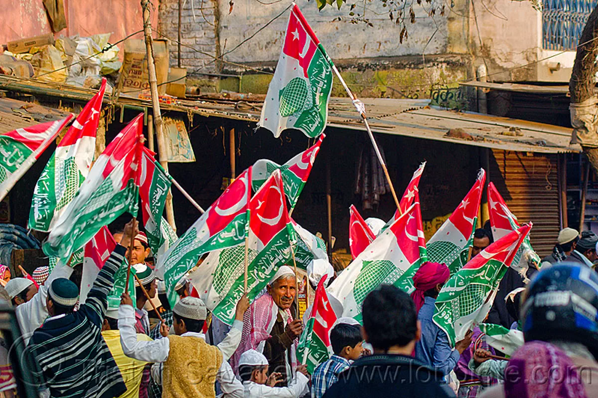 muslim men with flags, eid-milad-un-nabi muslim festival, india