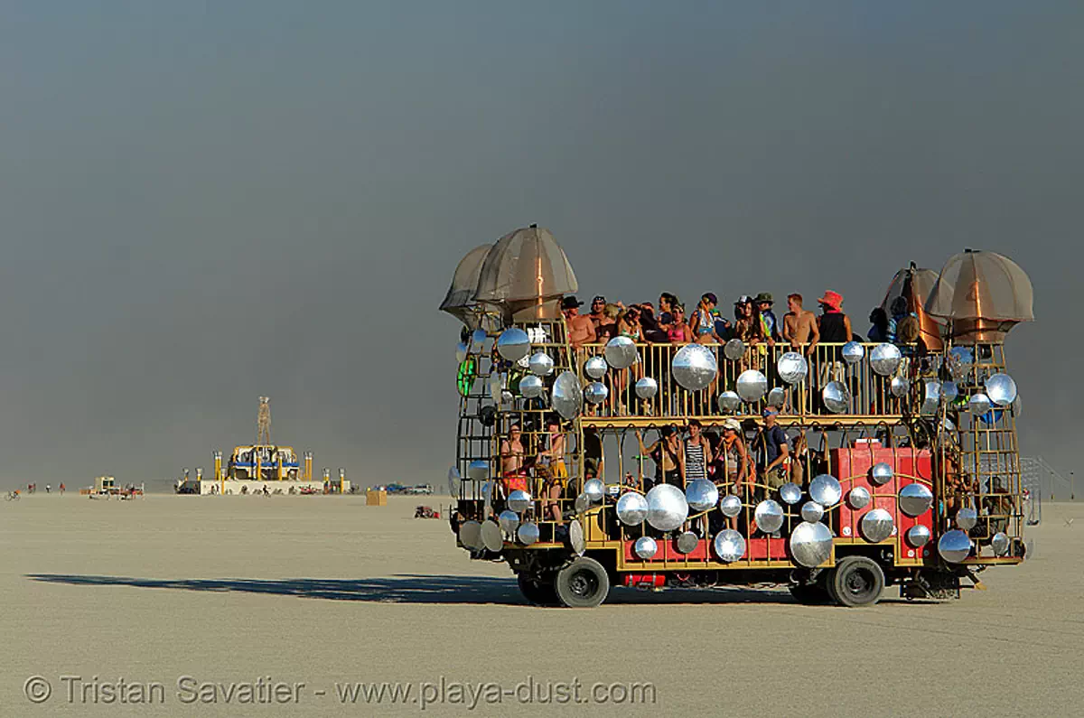 mutant vehicle with convex mirrors, burning man 2006