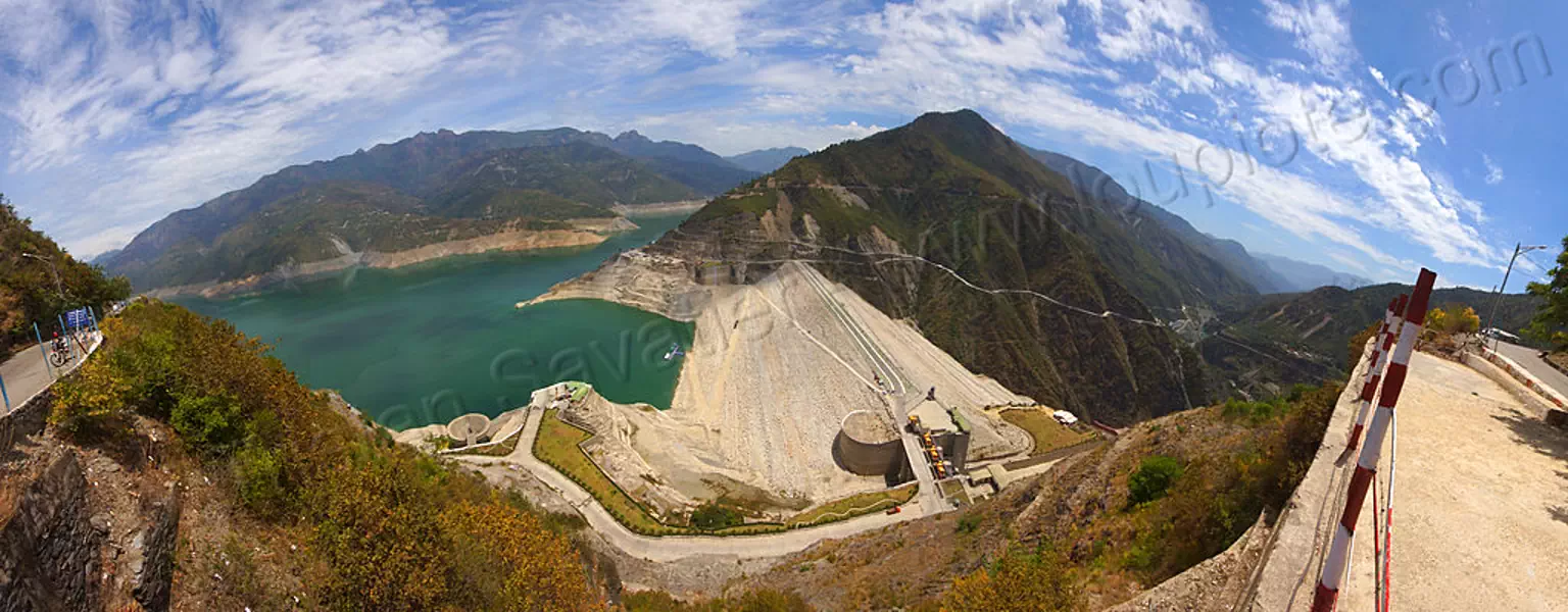 panorama of the tehri dam and lake, india