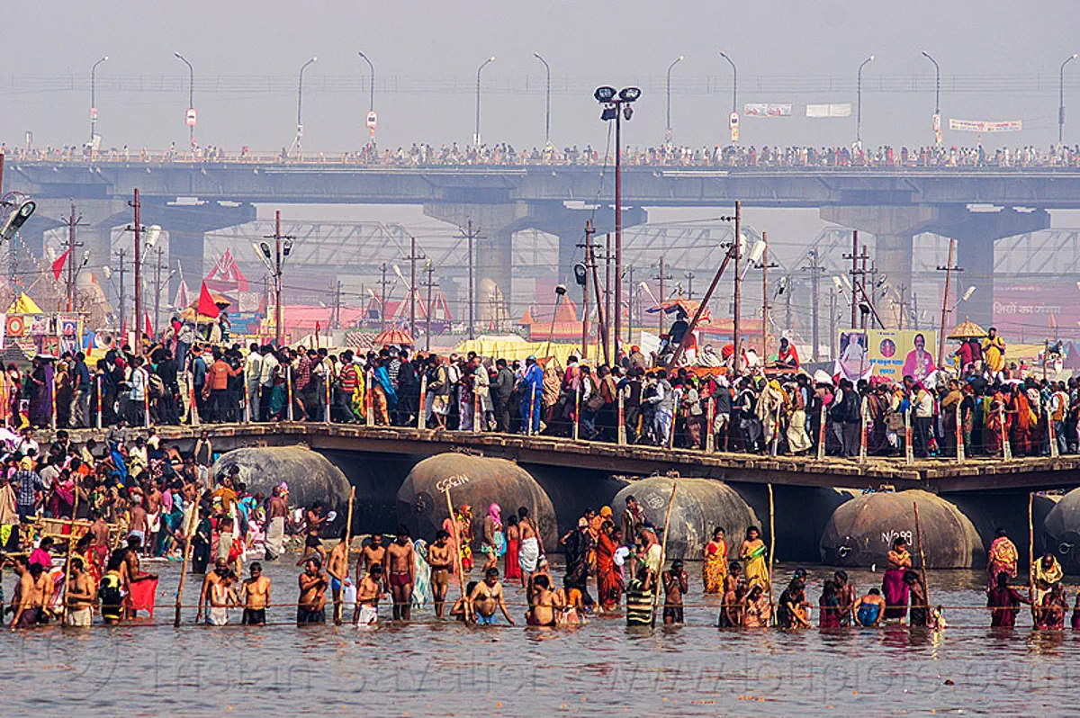 pontoon bridge over ganges river, kumbh mela, india