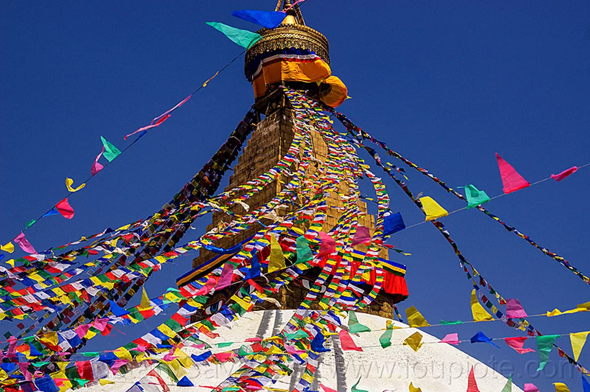 prayer flags on the bodnath stupa, boudhanath, kathmandu, nepal