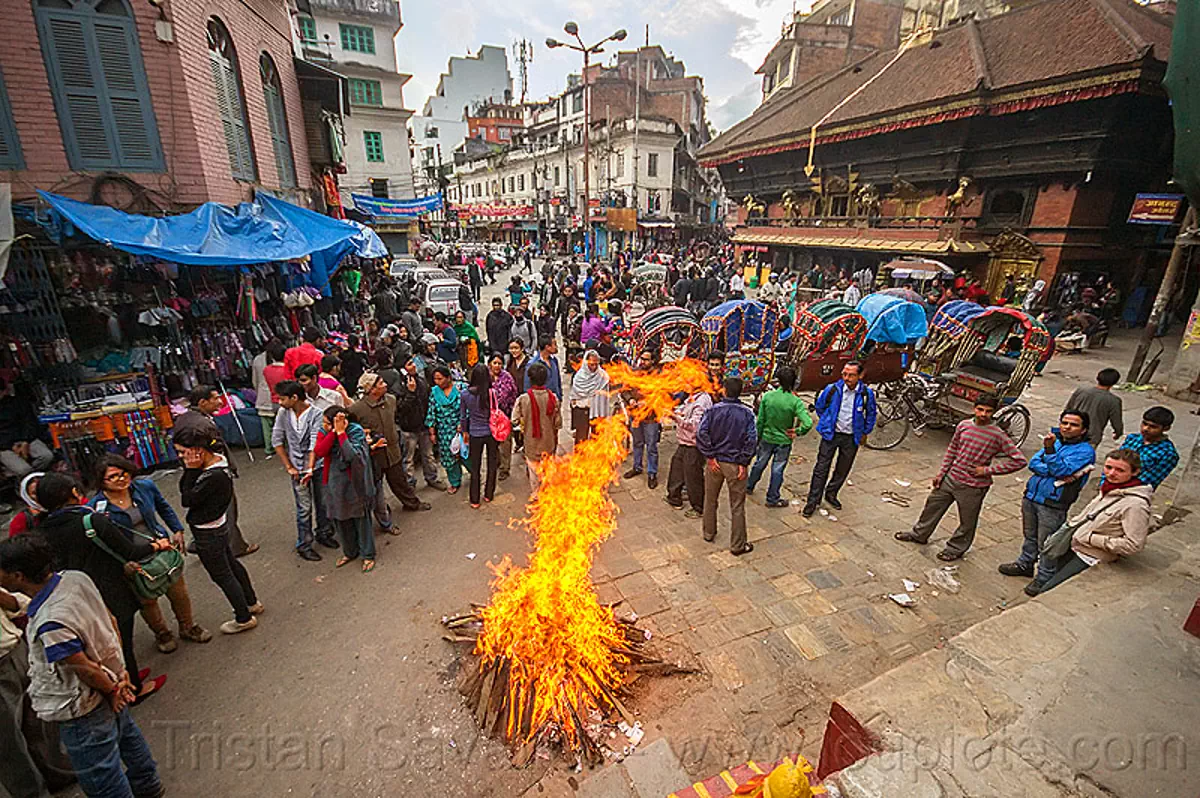 shivaratri fire burning in the street in kathmandu, nepal