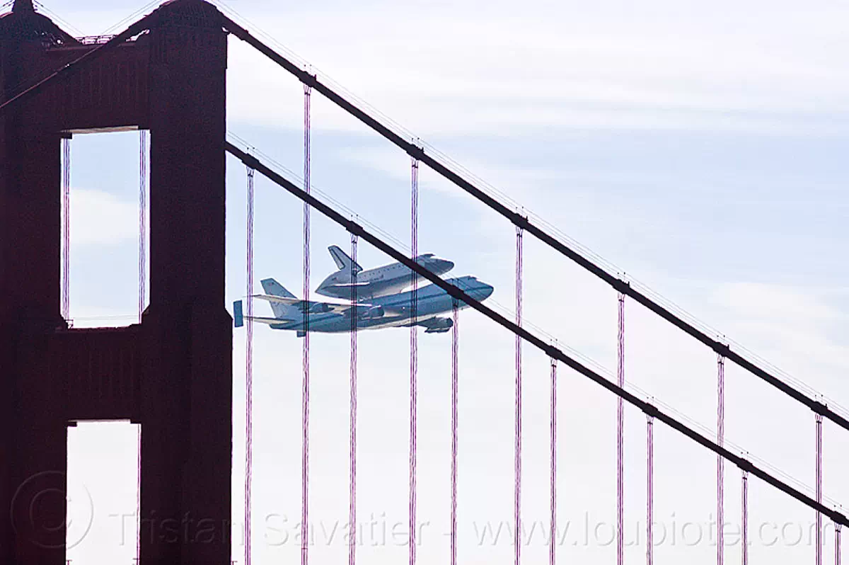 space shuttle endeavour over golden gate bridge