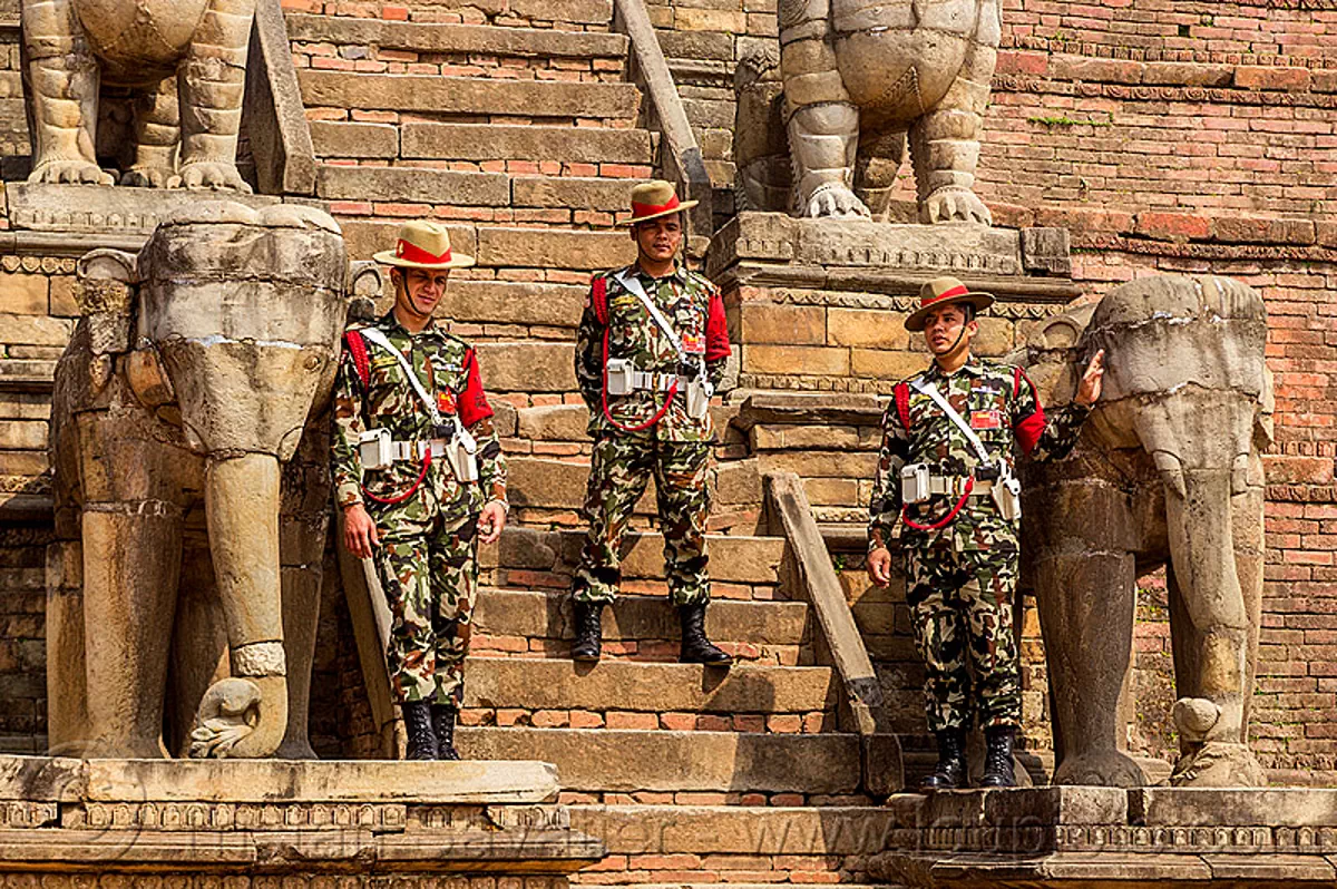 stone elephants at fasidega temple, nepali gurkha army soldiers, nepal