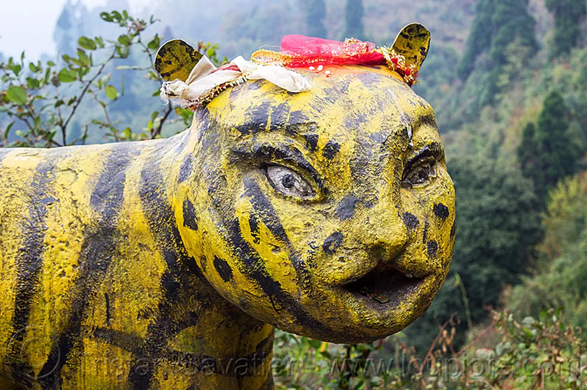 stone tiger head at hindu shrine, india