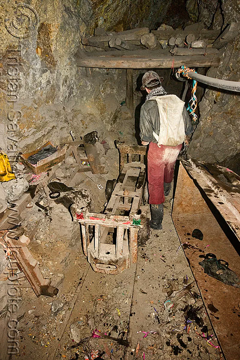 trolley in mine tunnel, potosi, bolivia, underground mine, mina ...