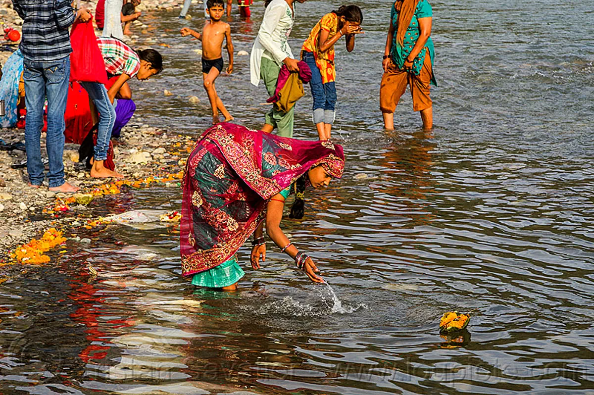 woman making hindu offering in ganges river, triveni ghat, rishikesh, india