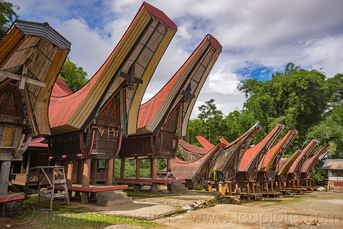 Toraja Women Resting under Traditional Rice-Barns