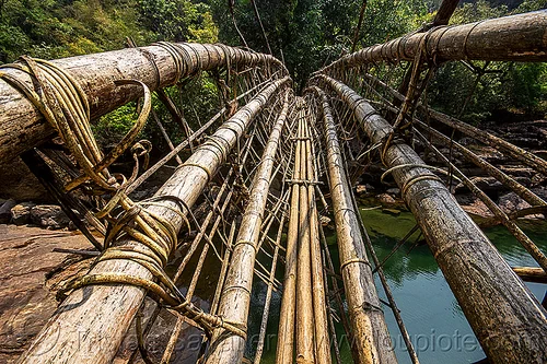 Jungle Bamboo Bridge Stone Stairs Leading To Woven Bamboo Bridge Over